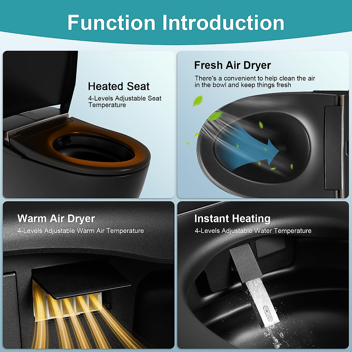 GIVINGTREE Black Smart Toilet with Auto Open Lid and Auto Flush, Modern Smart Tankless Instant Heating Toilet with Bidet Built in, Wireless RemoteControl and Smart Knob.