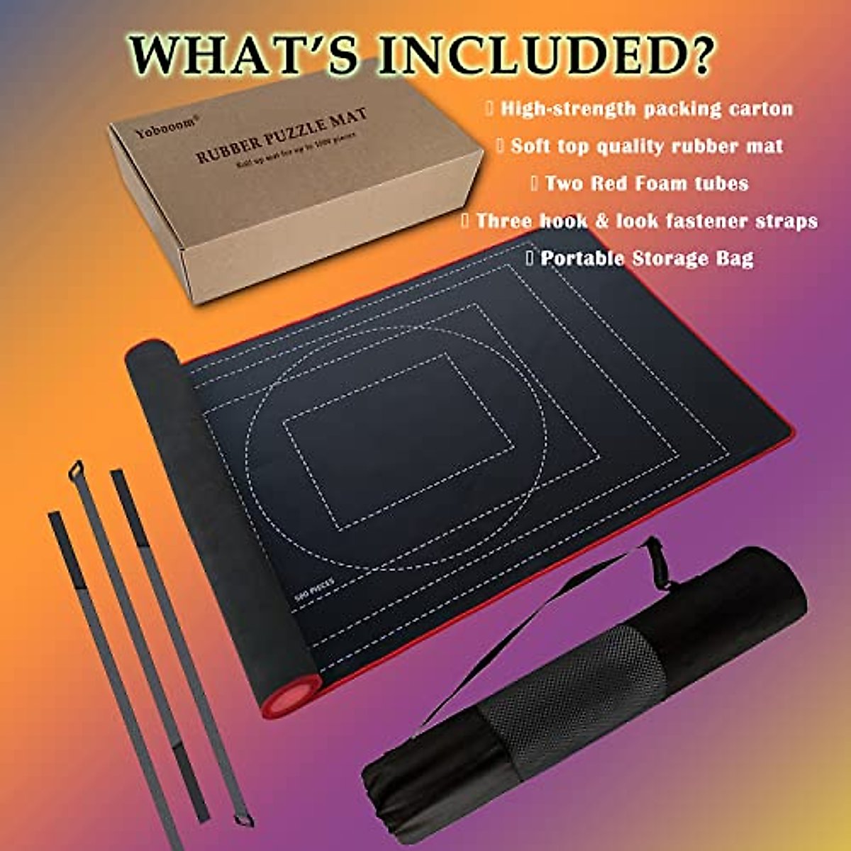 Rubber Jigsaw Puzzle Mat Roll Up Saver Pad Storage Up to 1500 Pieces 46" x 26" Portable Non-Slip Smooth Polyester Top Rubber Bottom Foam Rolling Tube with Storage Bag, 3 Hook & Loop Fastener Straps