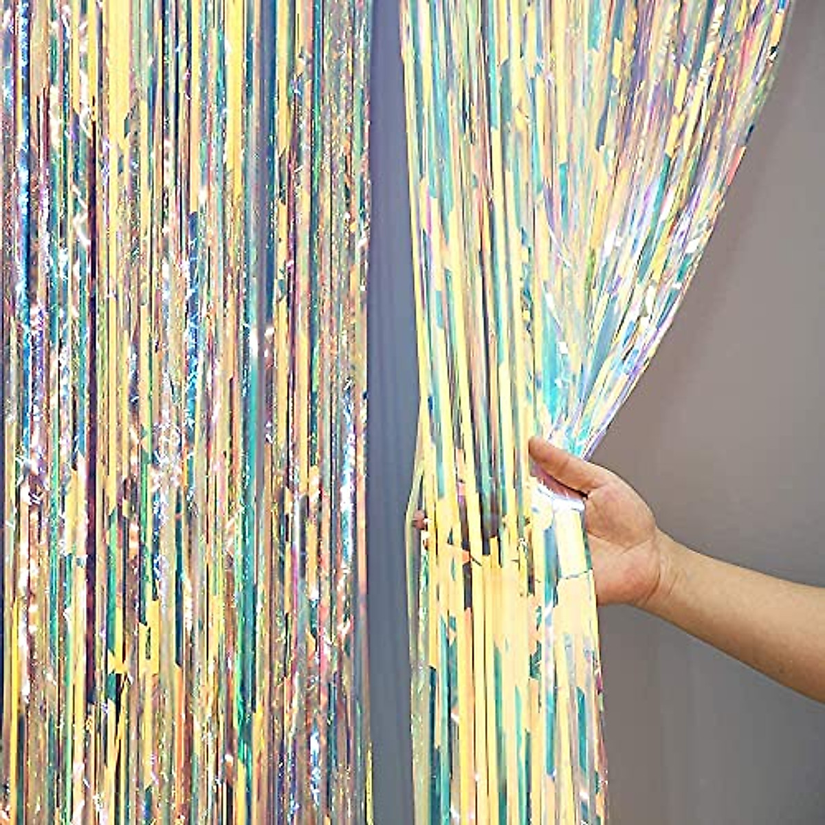 LILF Gorgeous Holographic Iridescent Fringe Curtain - 2 Pack of 8.3ft x 3.3ft Tinsel Streamer for Wedding Birthday Party Bridal/Baby Shower Christmas Photo Booth Backdrop Decoration