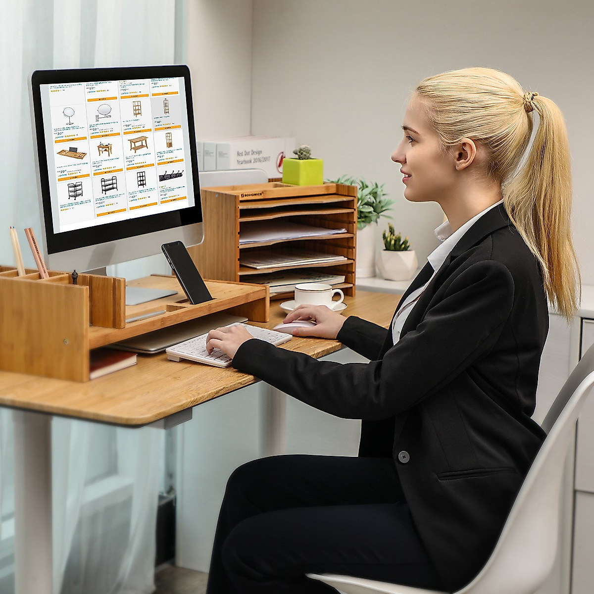 SONGMICS Bamboo File Organizer Paper Sorter with 5 Adjustable Shelves Top Storage Compartments Natural UOFS44Y