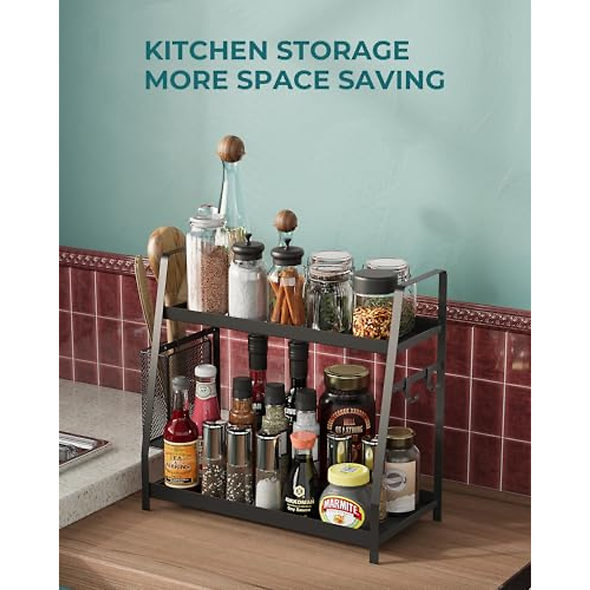 OROPY 2 Tier Spice Rack for Countertop, Height Adjustable Metal Standing Kitchen Storage Organizer Shelf, Counter Shelf for Cabinet,Pantry,Bathroom,Bedroom, with Hanging Basket