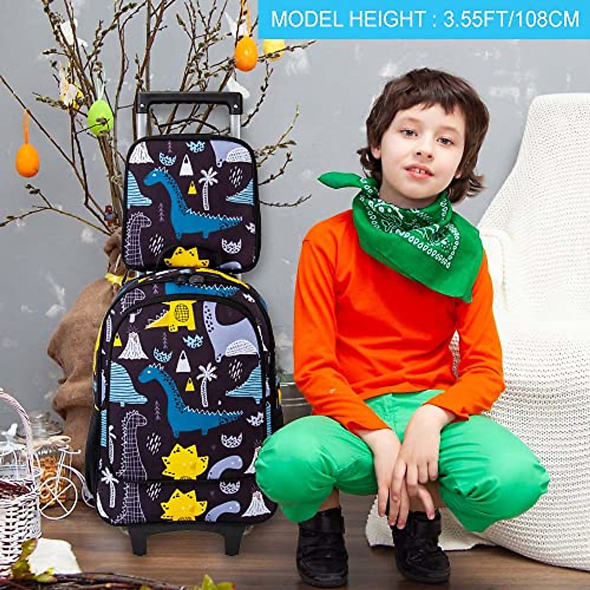 3PCS Kids Rolling Backpack, Boys Roller Wheels Bookbag, Wheeled School Bag with Lunch Bag - Dinosaur