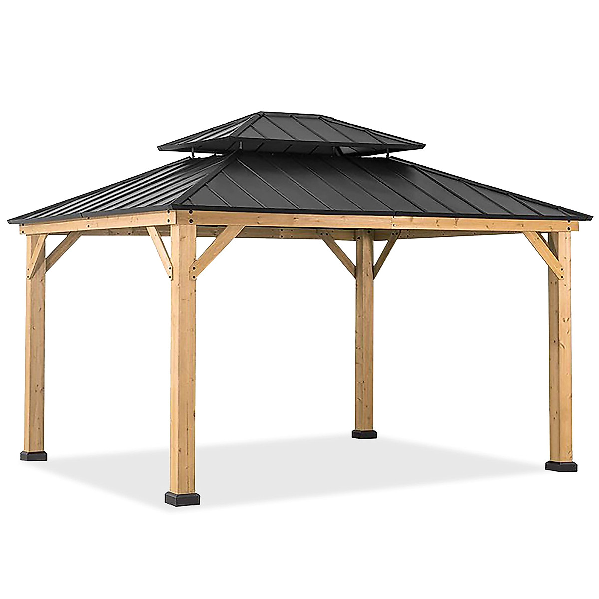 CoastShade 13x15 ft. Outdoor Wood Gazebo, Cedar Framed Patio Gazebo with 2-Tier Brown Steel Hardtop Roof for Patio,Garden,Backyard,Lawn and Deck