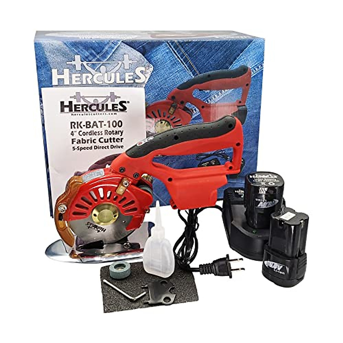 Hercules RK-BAT-100 5-Speed Cordless Electric Rotary Cutter for Cloth, Leather, Natural and Synthetic Fabrics – 4 Inch Single & Multi-Layer Round Knife Cutting Machine