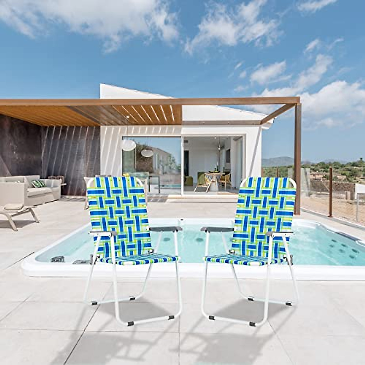 Webbed Lawn Chairs Folding Aluminum Set of 2, Patio Lawn Chairs for Adults,Outdoor Beach Chair, PP Braided Belt Steel Pipe,Portable Camping Chair for Yard, Garden, Support 265 Lbs (Blue&Yellow)