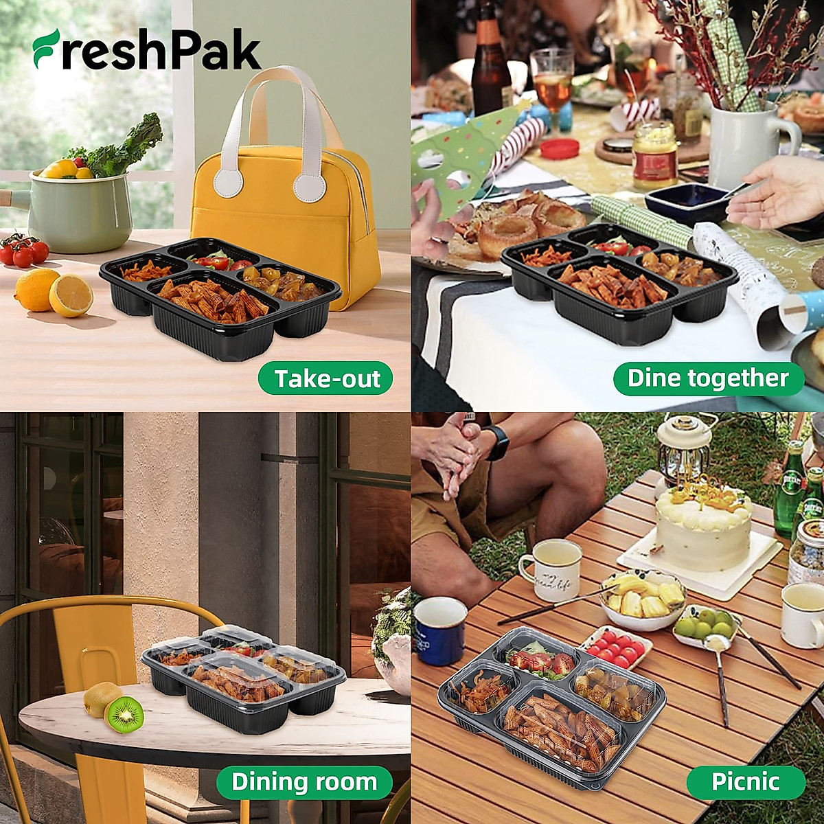 FRESHPAK Meal Prep Container, 4 Compartment 40-Pack To Go Containers with Lids Reusable BPA Free Microwave and Freezer Safe Bento Boxes Ideal for Portion Control and Food Storage(34oz)