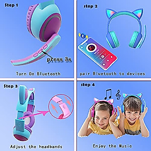 Fouetoway Cat Ear Kids Headphones with Bluetooth &Wired, On-Ear Headset Cute LED Light Up with Microphone for Kids Learning,Gaming,Music,Compatible with Laptop/PC/TV/Smartphones(Blue)