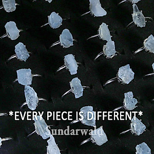 Sundarwald Small Aquamarine Raw Gemstone Varnished Brass Ring Adjustable for Women Men Unisex White Blue Stones Natural March Birthstone Slim Band Unique Simple Gifts