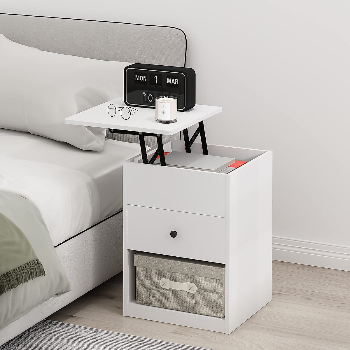 Furinno Jensen Lift Top Nightstand, Solid White