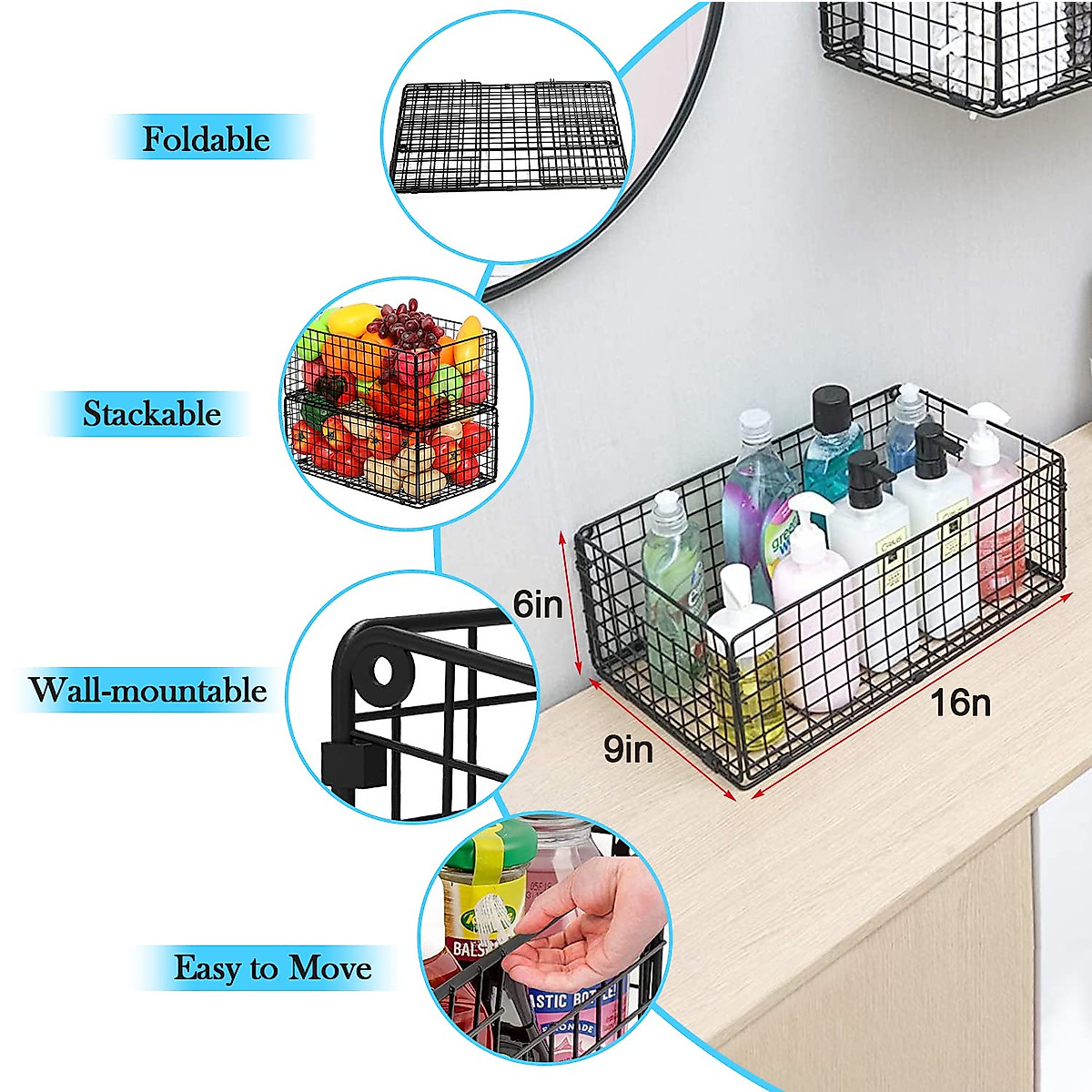 X-cosrack Foldable Cabinet Wall Mount Metal Wire Basket Organizer Pantry Basket with Handles - 3 Pack -16" x 9 1/2" X 6", Food Storage Mesh Bin for Kitchen Bathroom Laundry Closet Garage Patent Design