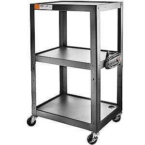 3 Shelf Metal Utility cart - Steel Construction Mobile Presentation Cart Projection Cart with Power Strip - Durable Utility Cart AV Carts on Wheels - Supports Up to 300 LBs (24'' x 18'' x 41'')