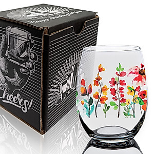 Toasted Tales Wildflowers Lake and Lodge Collection | 16 oz Stemless Wine Glass | Seasonal Outdoor Home Décor Accessory Glassware | Forest Animals Design | Wine Tasting Gift For Her