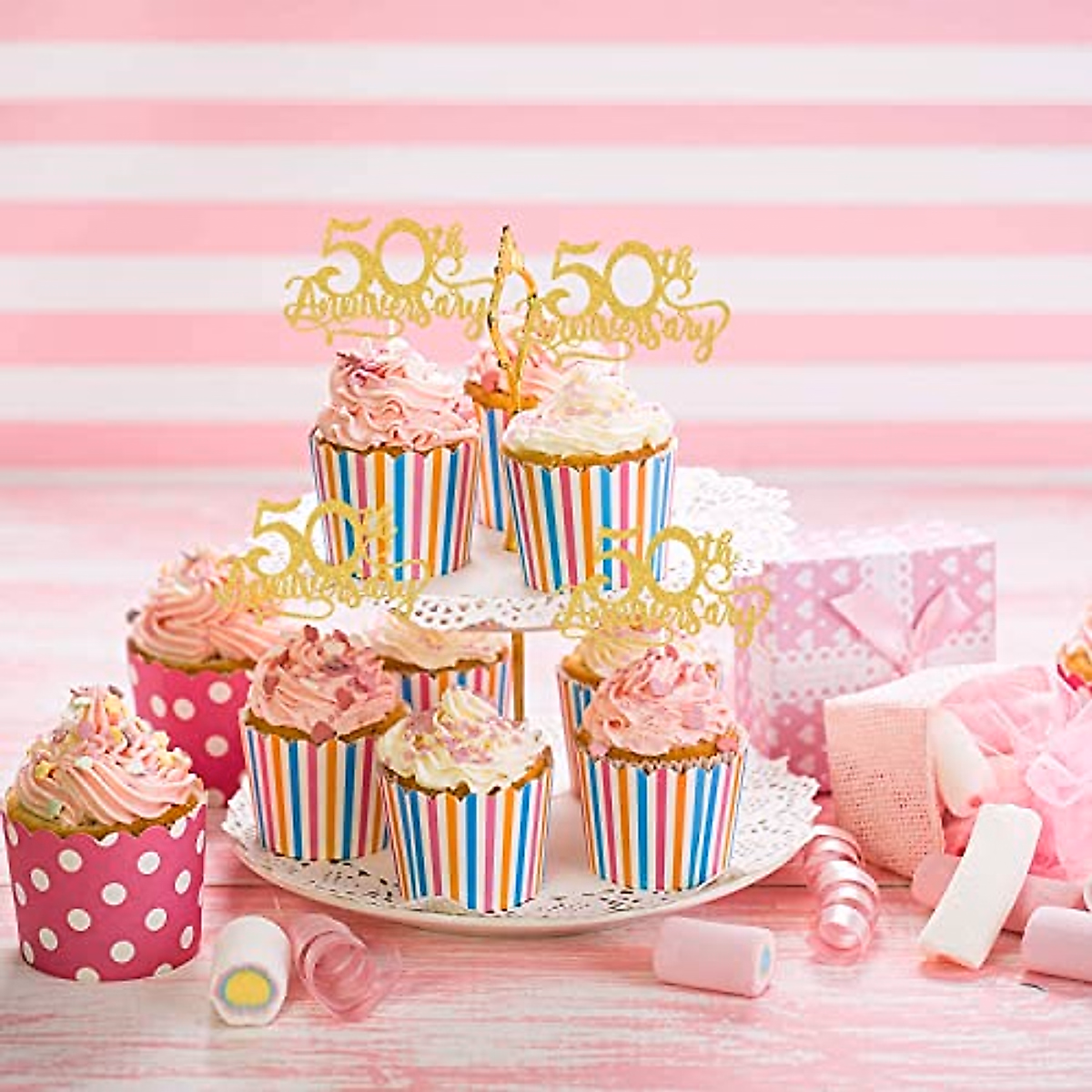 LECAKTO 24Pcs Gold Glitter 50th Anniversary Cupcake Topper Happy 50th Cheers to 50 Years Cupcake Topper 50th Birthday Wedding Anniversary Party Decoration Suppliers