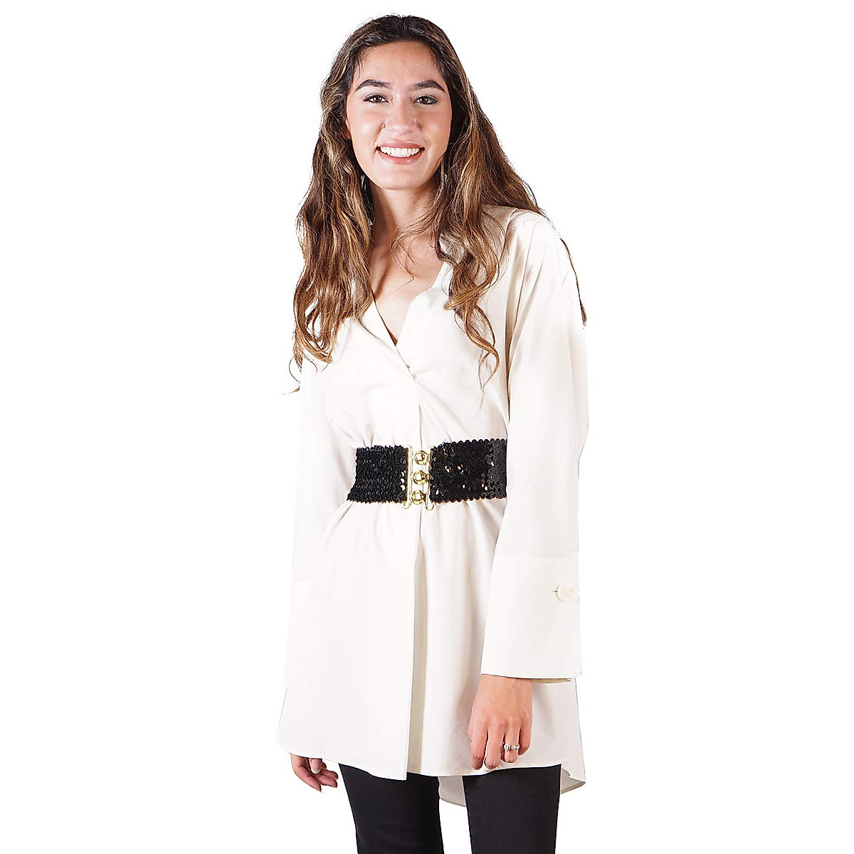 Anna-Kaci Women's Sparkly Glitter Sequin Wide Stretch Elastic Belt Accessory,Black,One Size