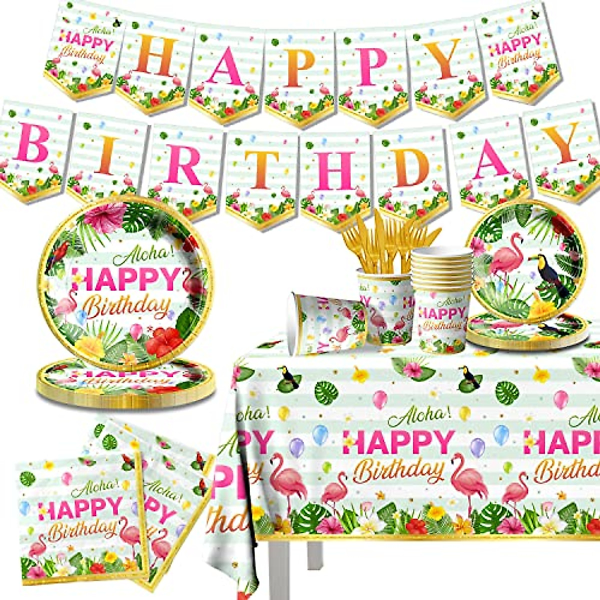 Luau Party Supplies,142pcs Aloha Birthday Tableware (Serves for 20) Hawaiian Theme Plates Cups Tablecloth Napkins for Tropical Birthday Party Decoration