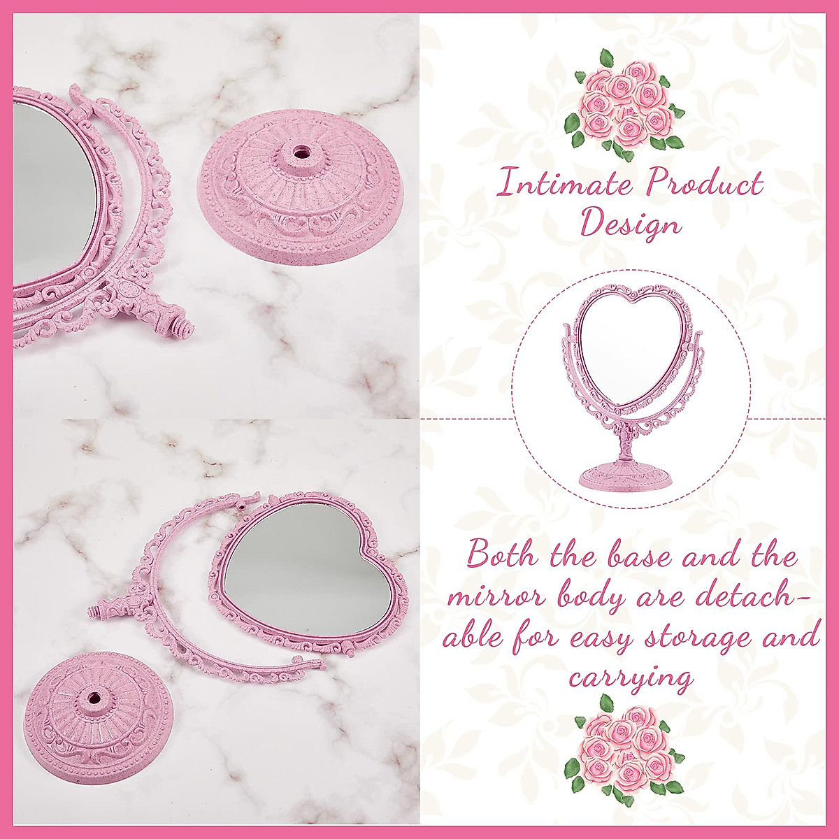 CHENGU Heart Shaped Mirror 8 Pieces Hair Styling Combs Double Sided Rotatable Dresser Heart Mirror Makeup Gifts for Girls Gift Vanity Tabletop(Pink)