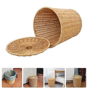 Zerodeko Small Trash Can, Imitation Rattan Woven Waste Bin with Lid, Waste Basket for Bedroom, Office, Kitchen, Boho Round Garbage Can Plastic Sundries Holder Laundry Basket for Bathroom