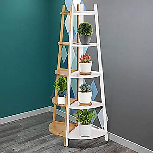 Magshion 5 Tier Bamboo Corner Storage Display Rack Shelves Kitchen Bath Plant Stand (White)