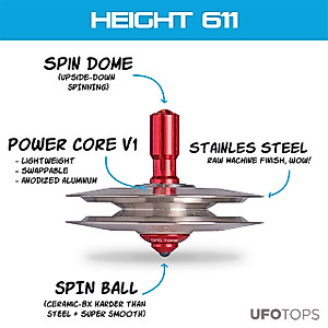 UFO Tops - Height 611 | Metal Spinning Top | Inspired by The 1986 Soviet Union UFO Incident | Raw Stainless Steel UFO Body and Fireball Red Power Core™