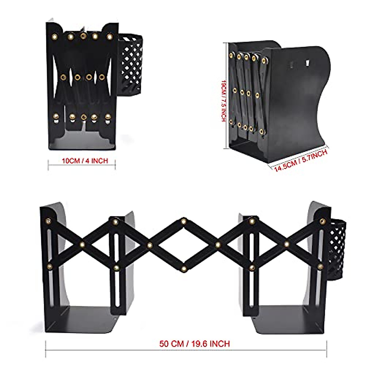 Adromy Adjustable Bookends, Book Holder, Metal Desktop Organizer Storage Rack Expandable Display Bookshelf with Pen Holder for Kid Child Student Home School Office Library - Black