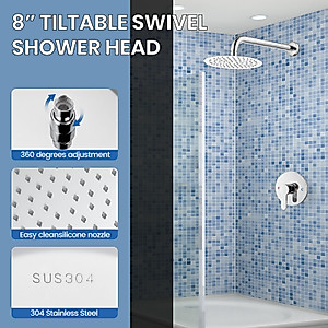 Airuida Shower Faucet Set Chrome Polish, Single Function Shower Valve Kit, Rain Shower Faucet Kit, 8 Inch Round Rainfall Shower Head with Male Threads Rough-in Valve