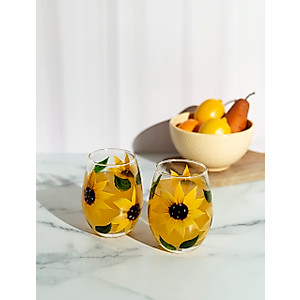 Market Street Gallery - Hand-Painted Sunflower Stemless Wine Glass Set - Rustic Country Farmhouse Decor - Kitchen Gift, Set of 2