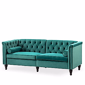 TTGIEET 76'' W Velvet Sofa Mid-Century Modern Love Seats, 3 Seater Sofa Couch with Two Bolster Pillows, Tufted futon Sofa Furniture for Living Room Bedroom Office （Green）