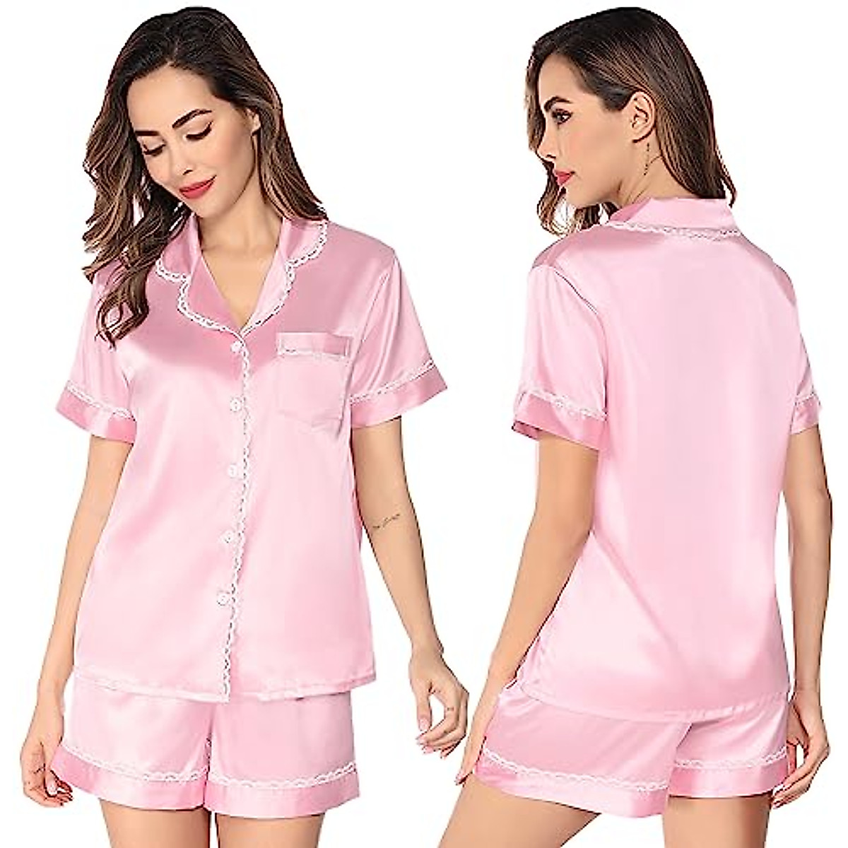 SWOMOG Family Pjs Matching Sets Satin Womens Pajama Sets Silk Pjs 2 Piece Short Sleeves Lace Button Up Pj Silky Loungewear Pink