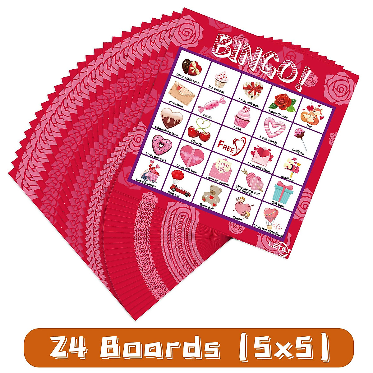 LETILY Bingo Cards Valentine Cards for Kids Adults-24 Players Valentine's Day Bingo Game for Kids Card Games School Classroom Games Birthday Party Favors Supplies Valentine Gifts for Boys Girls