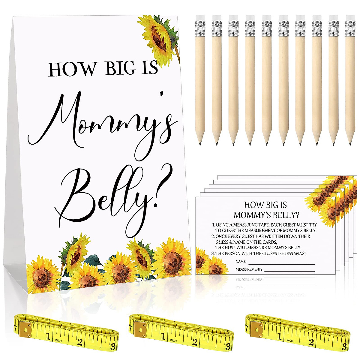 Sabary 64 Pcs Guess Baby Shower Games Include How Big Is Mommy's Belly Sign Measure Baby Bump Game and 50 Guessing Cards with 10 Pencils 3 Measuring Tapes for Baby Shower Party(Sunflower)