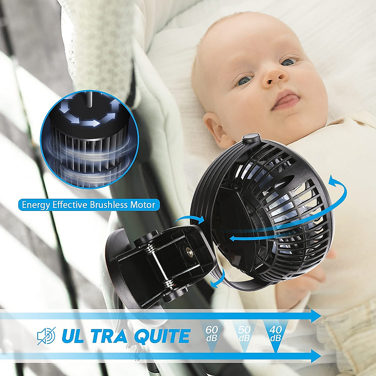 BRIGENIUS Battery Operated Stroller Fan, Portable Clip on Mini Desk Fan with 2600mAh Rechargeable Battery, USB Powered Clip Fan for Baby Stroller Office Outdoor Travel