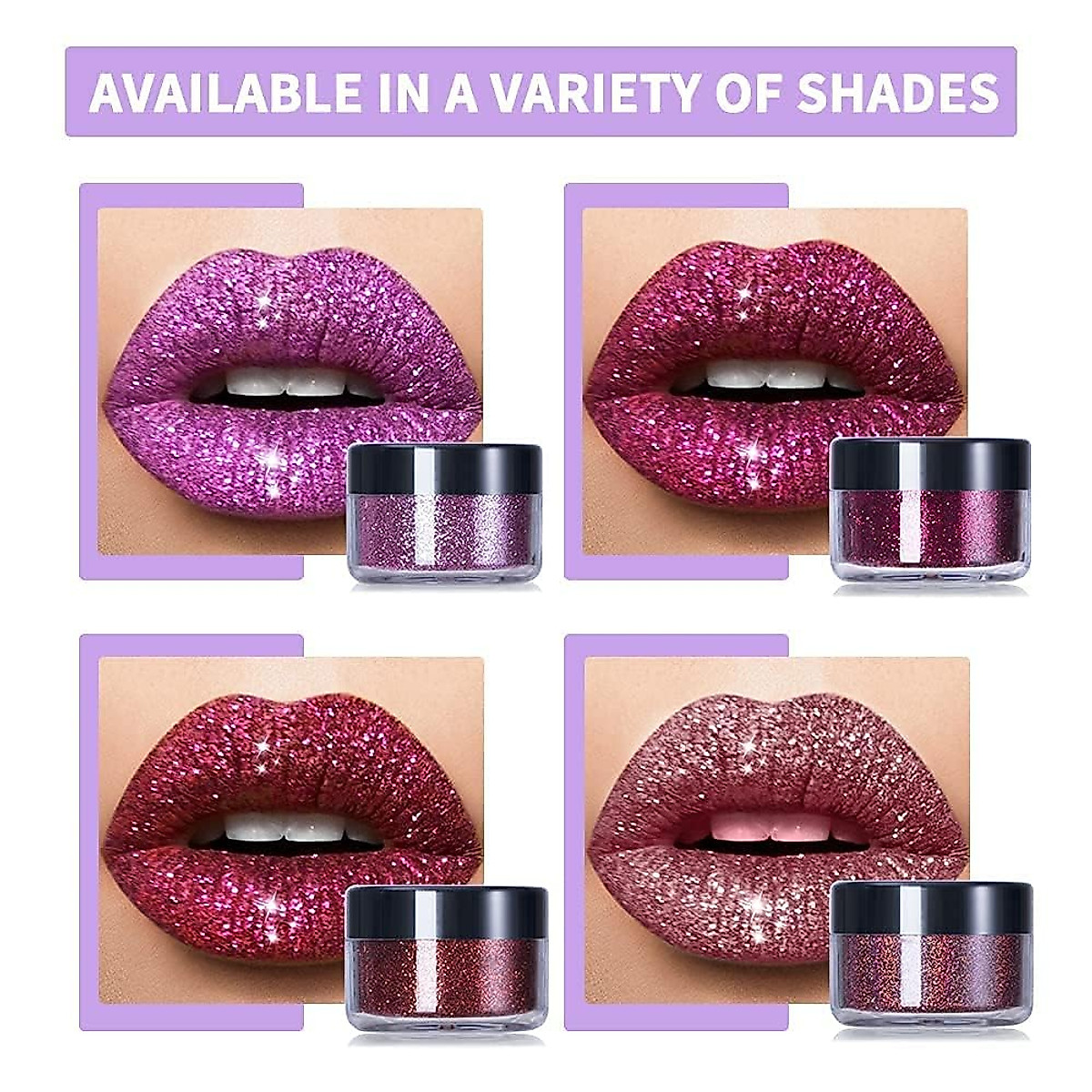 Kawaii Kisses Glitter Lip Kit, 4 Colors Glitter Lip Kit Gloss, Shiny Diamond and Metallic Lip Glitter Makeup Lipstick Lip Gloss Glitter Lipstick, Glitter Lips Makeup with Lip Primer and Brush(A)