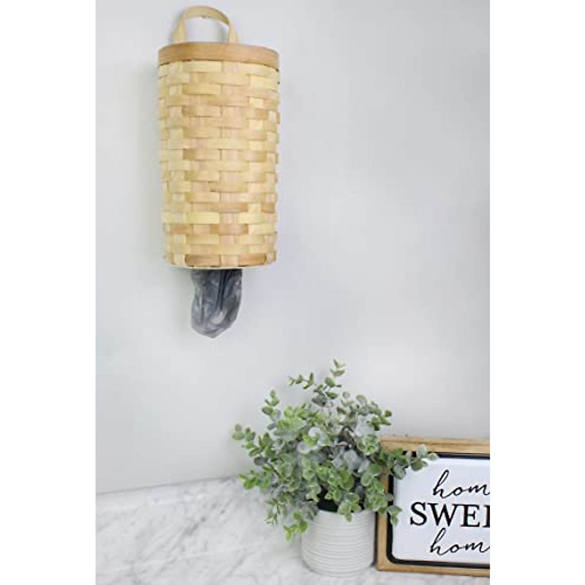 AuldHome Wicker Grocery Bag Holder (Natural); Wall-Mounted Rustic Farmhouse Plastic Bag Dispenser for Kitchen or Laundry Room