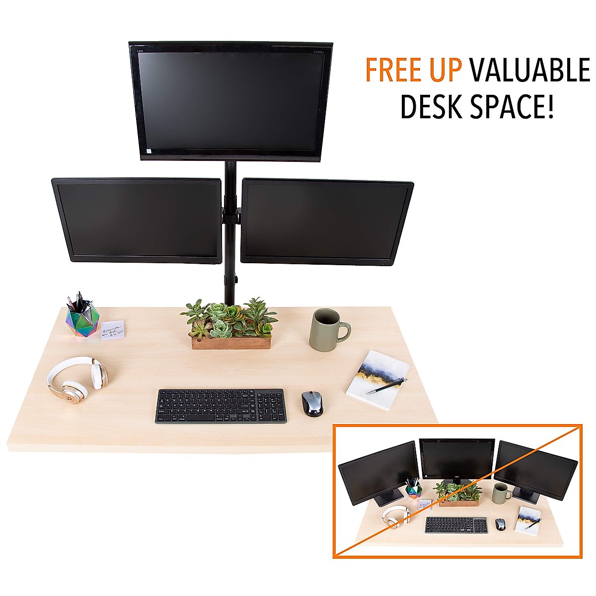Stand Steady Triple Monitor Desk Stand with Clamp-On Base, for Home or Office Use, Height Adjustable Computer Monitor Stand with Full Articulation VESA Mounts, Fits Most LCD/LED Monitors 13-32 Inches