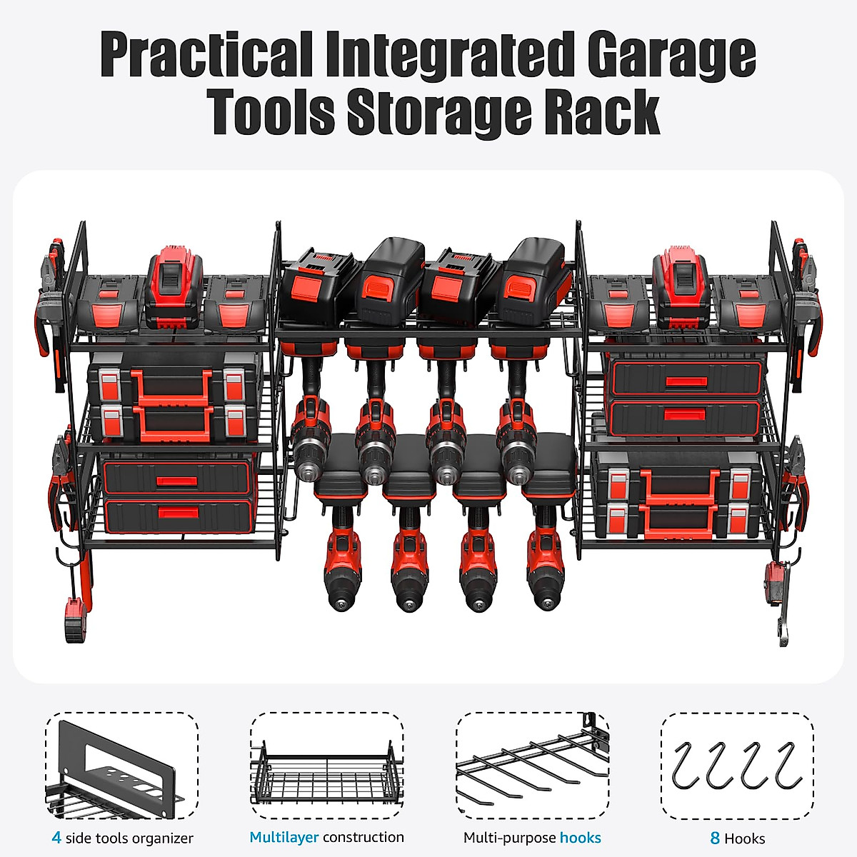 CCCEI Black Power Tools Organizer Wall Mount, Large Garage Organization and Storage, Shop 8 Drills Holder Rack and Tools Battery Utility Shelves, Cool and Unique Gift for Men, Husband.