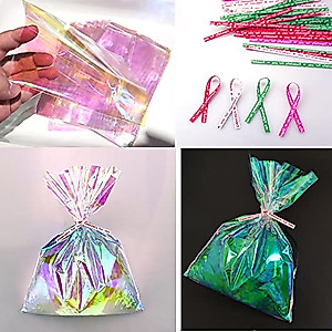 SaktopDeco 100 PCS Holographic Cellophane Bags Holographic Gift Bags Iridescent Plastic Goodie Bags with Ties Cookie Bags for Bakery Cookies Goodies (5" x 7")