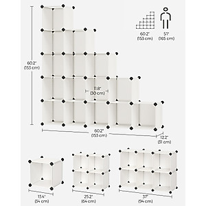 SONGMICS Cube Storage Organizer, Set of 16 Plastic Cubes, Book Shelf, Closet Organizers and Storage, Room Organization, Bedroom Living Room, 12.2 x 48.4 x 48.4 Inches, Cream White ULPC442M01