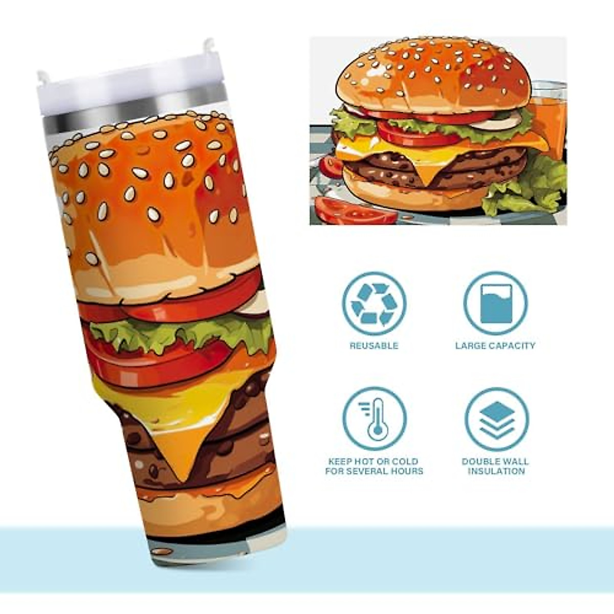 Jihqo Cartoon Burger 40 oz Stainless Steel Vacuum Insulated Tumbler with Handle and Straw Lid, Leakproof Water Bottle Double Wall Travel Mug Coffee Cup, Cupholder Friendly