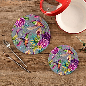Blueangle Hummingbird on Purple Flowers Pot Holders Trivets Set 2 Pcs, Potholders for Kitchens, Pure Cotton Thread Weave Trivets for Hot Dishes/Pot/Bowl/Hot Pot Holders（755）