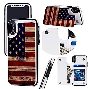 Wood Texture Flag USA Wallet Phone Cases Fashion Leather Design Protective Shell Shockproof Cover Compatible with iPhone X/XS