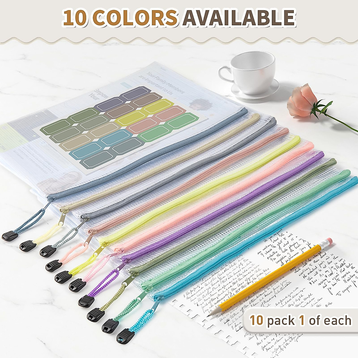 Umriox 20PCS Mesh Zipper Pouch, A4 Size 10 Colors in Plastic Waterproof Zipper Bags, Clear Zipper Pouches for Organization Office Supplies Home Travel Storage