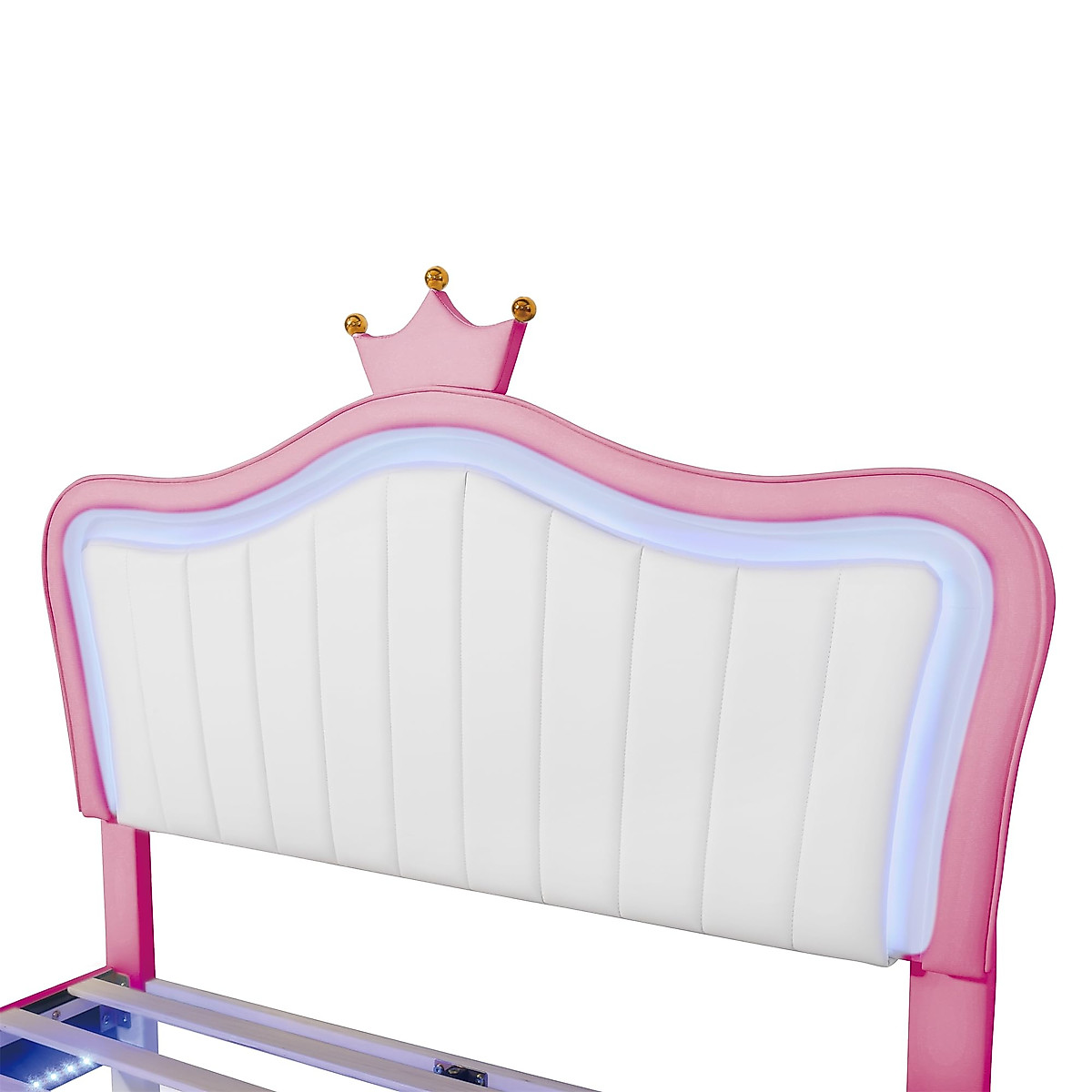 CITYLIGHT Full Size Upholstered Princess Bed with Crown Headboard, Wood Cute Kids Bed Frame Full with LED Lights and Metal Legs for Girls, No Box Spring Required (Full,Pink)
