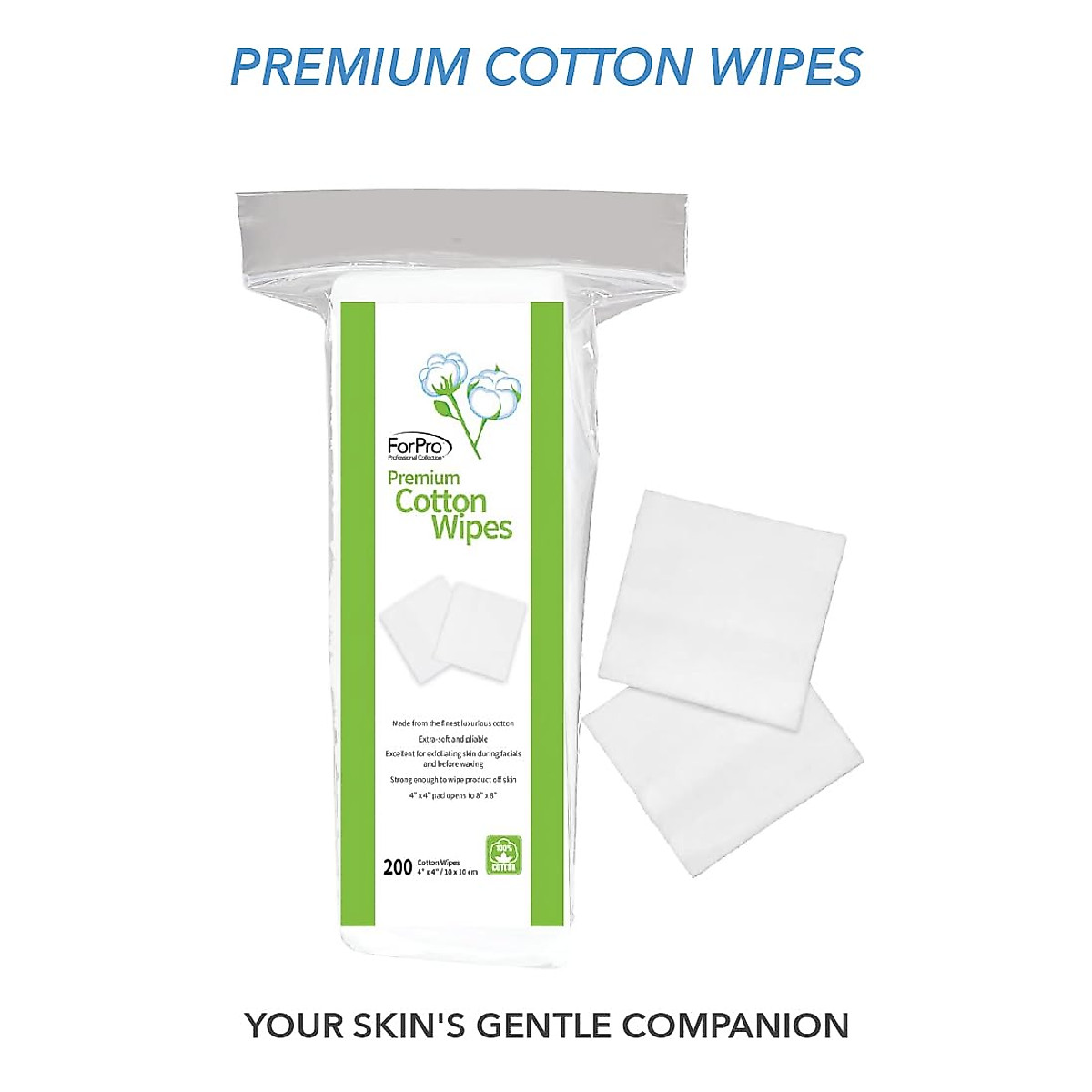 ForPro Professional Collection Premium Cotton Wipes, 100% Cotton, Extra-Soft, for Cosmetic, Nail, and Personal Care, 4” x 4”, 200-Count
