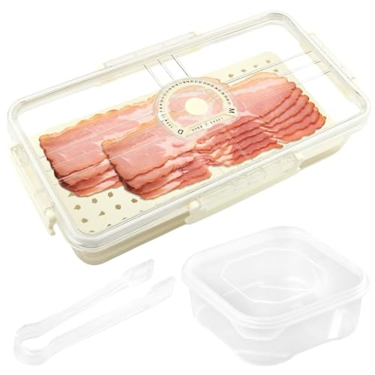 LVOERTUIG Bacon Container for Refrigerator, Airtight Meat Keeper with Lids for Fridge, Kitchen Food Storage Organizer, Bacon Storage Container with Serving Tongs and Storage Box