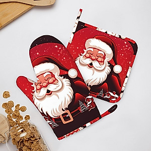 Santa Claus Christmas Printed Oven Mitts and Pot Holders Sets Heat Resistant Kitchen Oven Gloves Potholders Set Extra Long Non-Slip Silicone Gloves for Cooking Baking BBQ