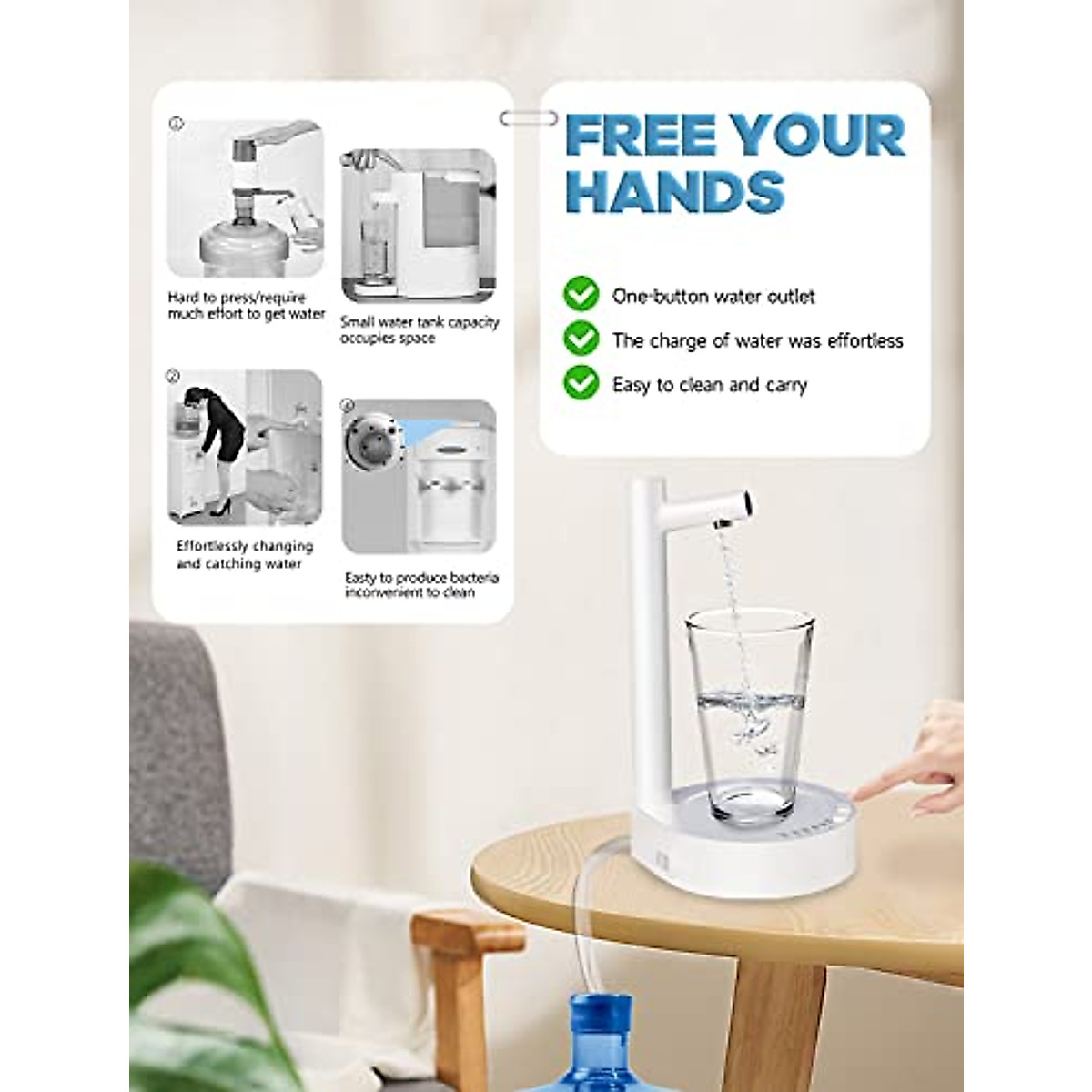 Bedside Water Dispenser for Bedroom Nightstand - Desktop Water Dispenser for 5 Gallon Bottle - Tabletop Wireless Water Dispenser - Type-C Charging