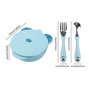 ufengke Stainless Steel Baby Feeding Bowl, Toddler Suction Plate with Lid Spoon and Fork, Perfect for Children (Blue)