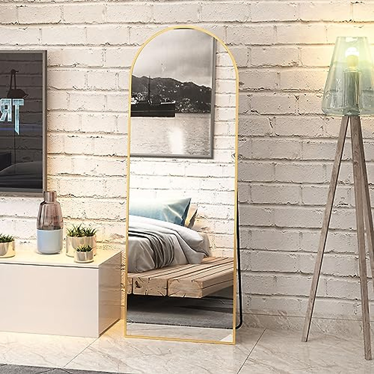 CASSILANDO Arched Full Length Mirror, 64" x 21", Floor Standing, Gold Metal Frame, Modern Style, Bedroom, Bathroom, Entrance, Decor