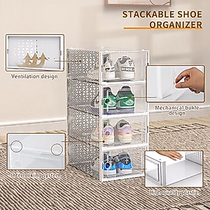 Hrrsaki Large 12 Pack Shoe Storage Organizer Boxes, Shoe Boxes Clear Plastic Stackable, Shoe Organizer for Closet, Plastic Shoe Boxes with Lids, Shoe Containers for Entryway, Bedroom, White