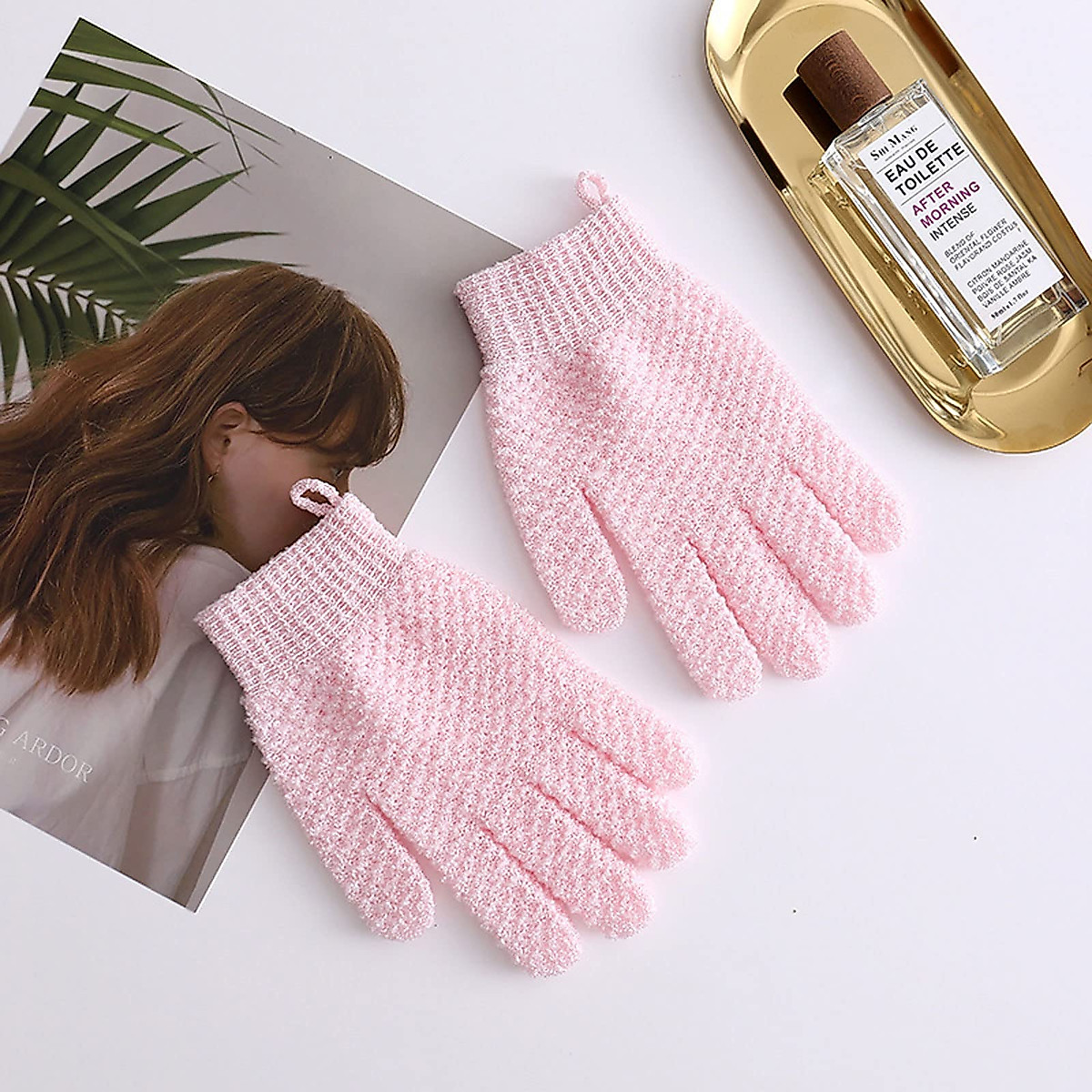 1Pair Bath Gloves for Shower Body Shower Scrubber with Hanging Loop Skin Deep Cleaning Bath Gloves Bathing Accessories (Pink)